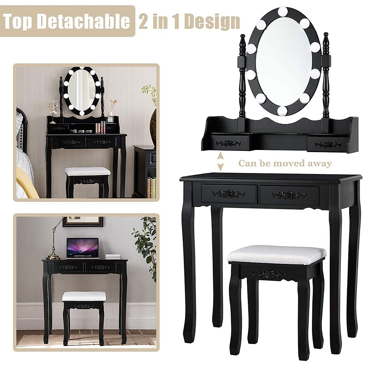 LDAILY Vanity Table Set w/Lighted Mirror, Makeup Vanity Table with 10 LED Lights, 4 Drawers & Oval Mirror, Bedroom Dressing White Black Dark Brown BC-HW66050US Vanity Table Set with Lighted Mirror