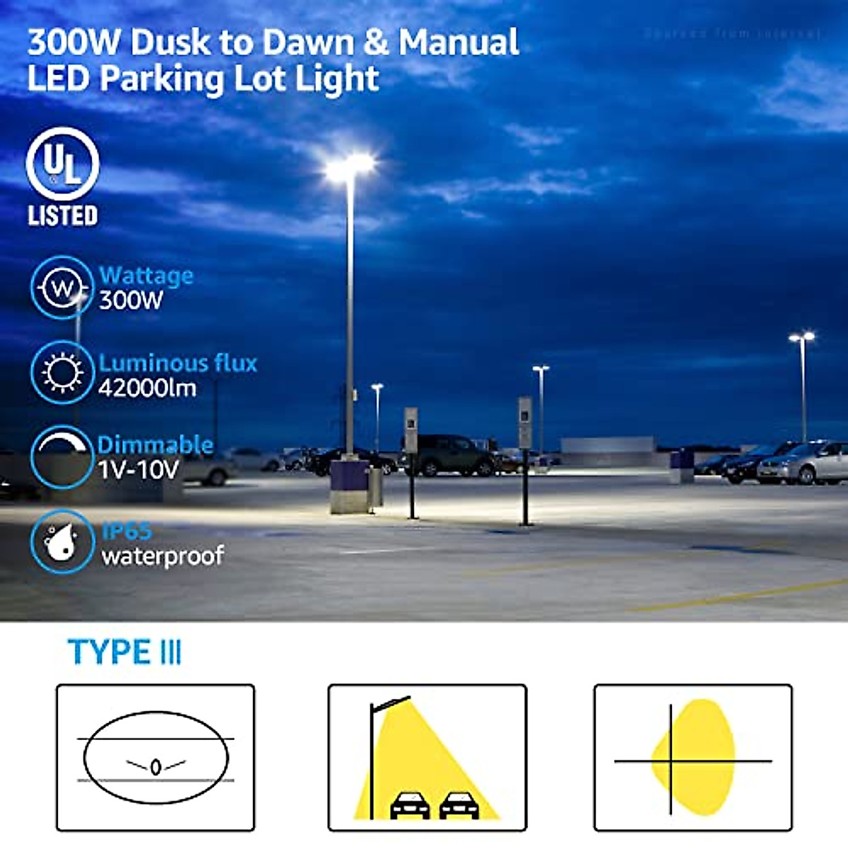 LEONLITE 300W LED Parking Lot Light with Adjustable Slip Fitter, 42000LM 100-277V Commercial Shoebox Lights, Dimmable Dusk to Dawn Photocell Area Lighting, IP65 Street Pole Light, 5000K, UL Listed