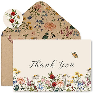 JarThenaAMCS 50 Pack Wildflower Thank You Cards Vintage Flower Greeting Cards Floral Blank Note Cards with Kraft Envelope Sticker for Birthday Wedding Bridal Shower, 4 x 6 Inch