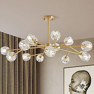 APBEAM Brass Sputnik Chandelier Gold Pendant Light Crystal Ceiling Hanging Light Fixture 15 Light W39.5” x H17.7”