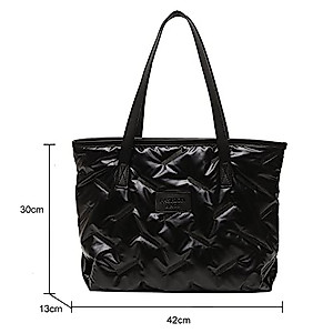 AZURAOKEY Puffer Tote Bag for Women, Quilted Cotton Padded Handbag, Women Shoulder Bags Soft Large Capacity Top-handle Bags Warm Zipper Simple Portable Lightweight for Girls Shopping-Black