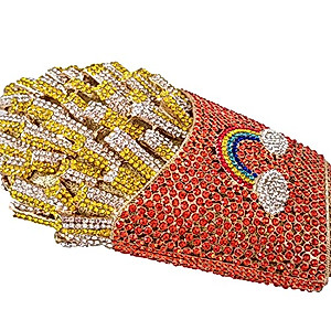 Tngan Women French Fries Shape Evening Bag Rainbow Pattern Rhinestone Diamond Clutch Gemstone Metal Handbag, Red 1