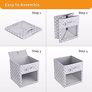 Utureal 11 Inch Fabric Cube Storage Bins with Clear Window, Collapsible Closet Shelves Storage Boxes with Handle, Kids Nursery Room Bedroom Home Basket, Toys Clothes Organizer Bin | Grey, Polka Dots