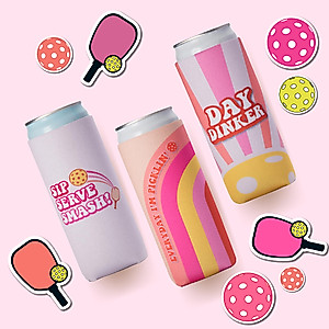 Funny Pickleball Gifts for Women I Pickleball Themed Slim Can Coolers Set (6 Pack) I Girly & Trendy Drink Insulators for Pickleball Party I Perfect Pickleball Accessories for Women