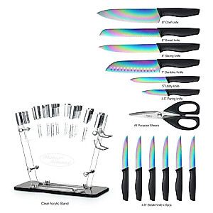 KYA35 14 PCS Rainbow Titanium Coating Cutlery Knives Block Set + Marco Almond MA63 Graters for Kitchen