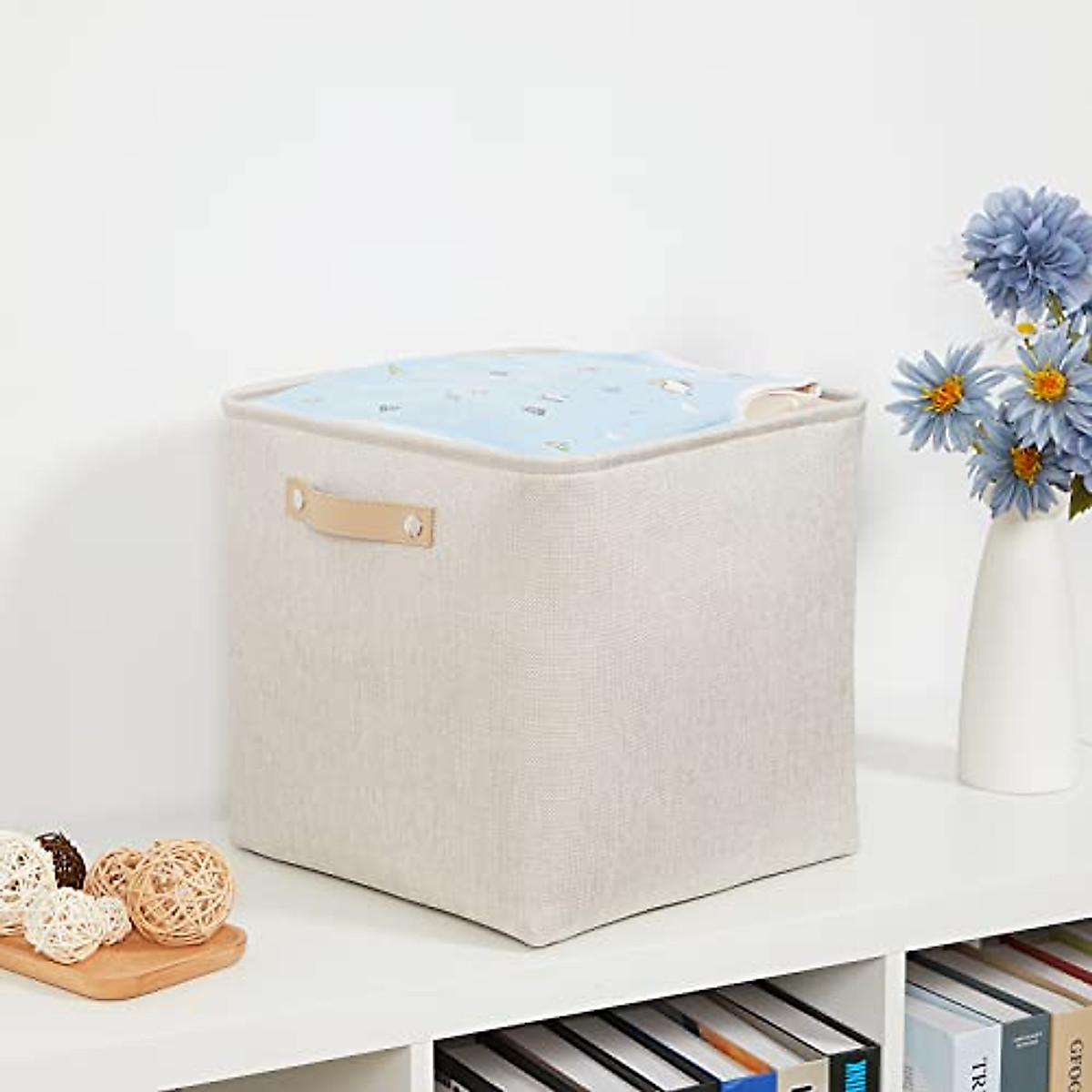 Bidtakay Fabric Storage Cubes Baskets Large 13x13 Set of 4 Soft Storage Bins for Shelves Clothes Toy Storage Collapsible Baskets for Linen Closet Organization Cube Bins for Nursery Home (Light Beige)