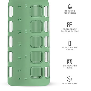 purifyou Premium 40/32 / 22/12 oz Glass Water Bottles with Volume & Times to Drink, Silicone Sleeve & Stainless Steel Lid Insert, Reusable Bottle for Fridge Water, Milk, Juice (22oz Shale Green)