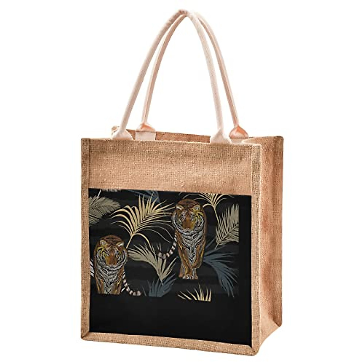Tote Bag (Tiger in Jungle Print) Jute Cloth Fashion Women Girls Purses Handbags 4 Size