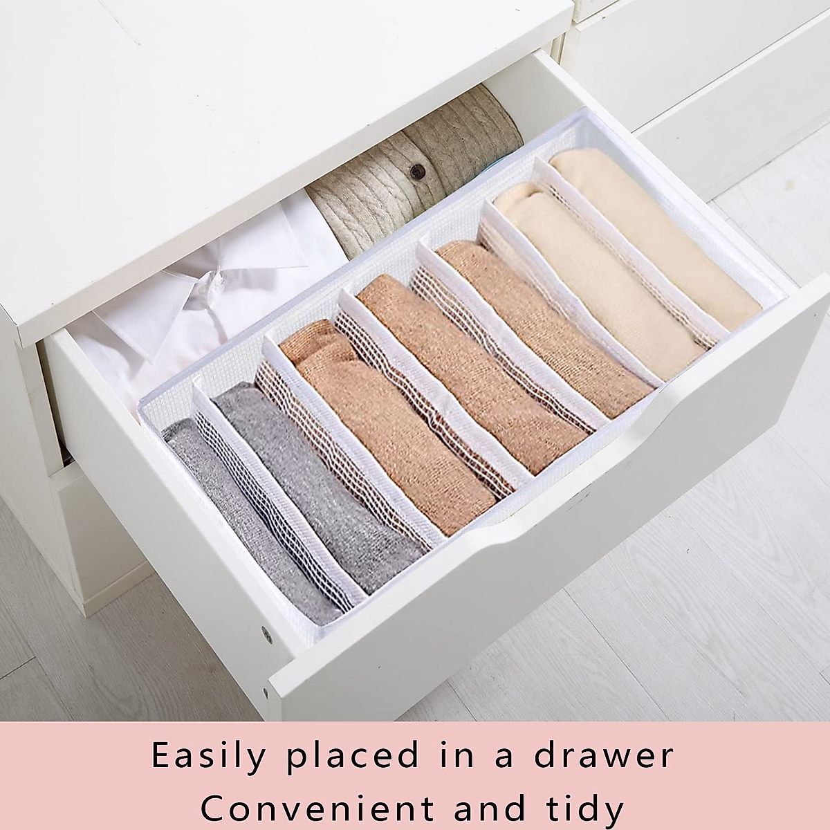 Wardrobe Clothes Organizer, Drawer Organizers For Clothing, Jeans Leggings 7 Compartments Foldable And Washable Storage Box, Built-in PP Board, No Deformation, Large Space, 2 Sizes (White)