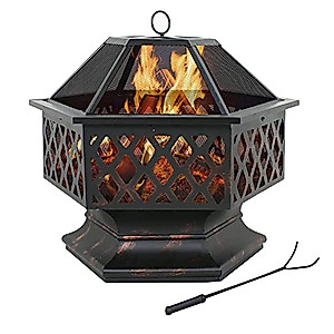 F2C Hex-Shaped Fire Pit for Garden 24 Inch Wood Burning Bonfire Firebowl Outdoor Portable Steel Firepit with Flame-Retardant Mesh Lid for Patio Backyard Garden Beach Camping Picnic