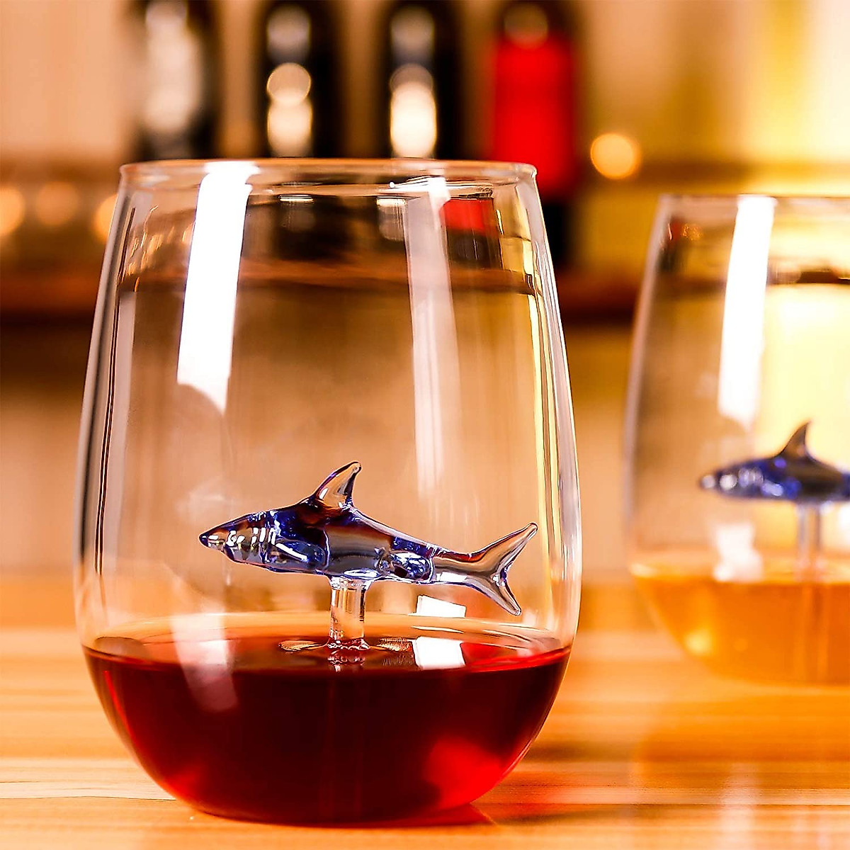 Shark Wine Glass, Personalized Stemless Crystal Shark Wine Glasses with Shark Inside (Set of 2), Fancy Cool Red Wine Cups, Unique Shark Lover Gifts for Women Party Birthday Wedding (Blue)