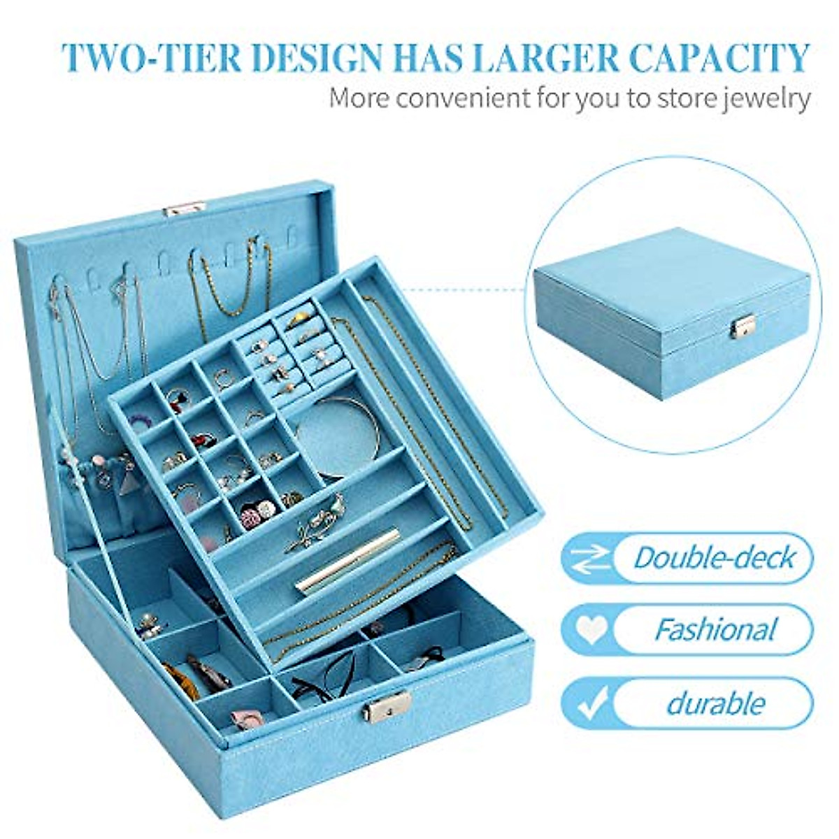 DerBlue Jewelry Case Jewelry Box for Women Two-Layer Lint Jewelry Organizer with Lock -36 Compartments and Removable Partition for Earrings Bracelets Rings Watches Case