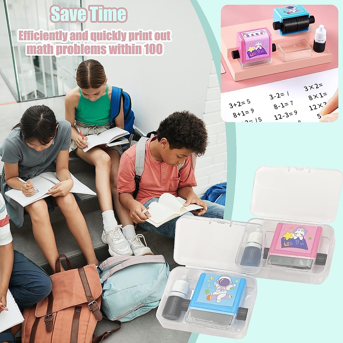 2Pcs Roller Digital Teaching Stamp, Addition and Subtraction Seal Arithmetic Artifact, Math Roller Stamp with Ink for School Teaching Supplies (2 Packs)