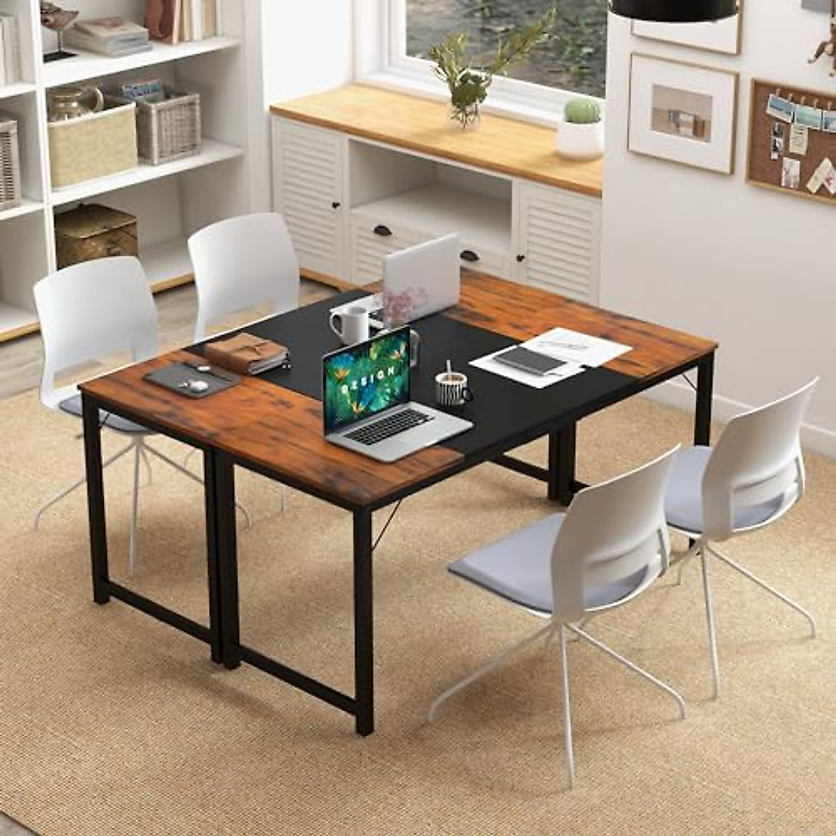 Tangkula 63” x 24” Conference Table, Meeting Table with Metal Frame & Adjustable Foot Pads, Seminar Boardroom Table, Training Table for Office, Black & Rustic Brown