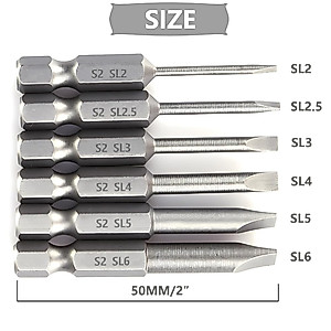 Saipe 12 Pieces Magnetic Slotted Screwdriver Bit Set, 1/4 Inch Hex Shank Flat Head Drill Bits Insert Bits 2 Inch Length, SL2/2.5/3/4/5/6 Impact Driver Bit for Power Drilling, Set of 2