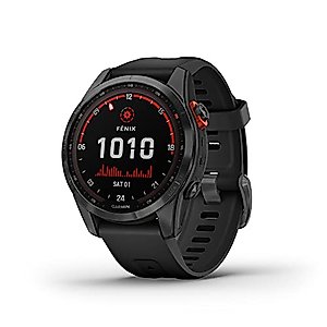 Garmin fenix 7S Solar, Smaller sized adventure smartwatch, with Solar Charging Capabilities, Rugged outdoor watch with GPS, touchscreen, health and wellness features, slate gray with black band