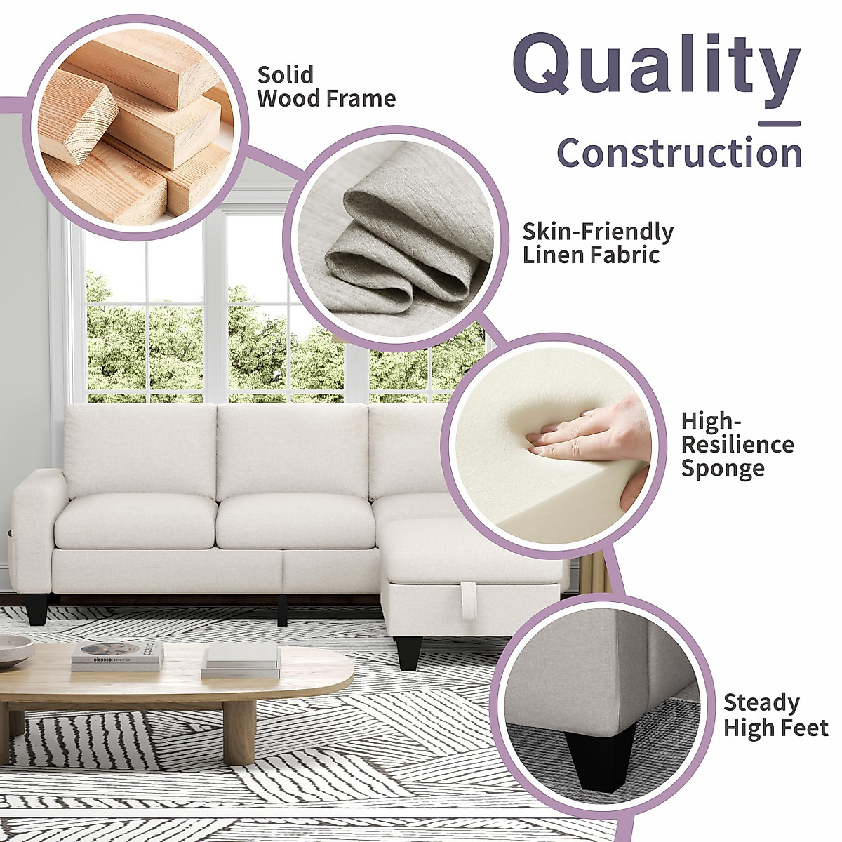 Yattem Convertible Sectional Sofa Couch：Modern L-Shaped Sofa Couches with Reversible Storage Ottoman & Side Storage Pockets - 3-Seat Beige Linen Sofa Couch for Living Room/Apartment/Studio/Small Space