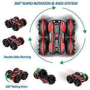 FREE TO FLY Remote Control Car Boat Truck- Amphibious RC Car for Kids 4WD Stunt Cars 2.4Ghz Rotating 360°Offroad Terrain RC Vehicle Water Land Toys for 6 7 8 9 10 11 12 Years Old Boys(red)