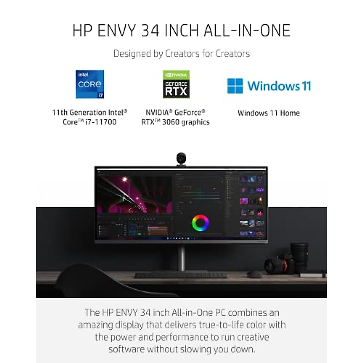 HP Envy 34” All-in-One Desktop, NVIDIA GeForce RTX 3060, 11th Gen Intel Core i7-11700 Processor, 32 GB RAM, 1 TB SSD, WUHD IPS Display, Windows 11 Home, Detachable Magnetic Camera (34-c0050, 2021)