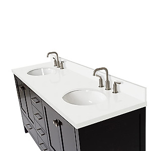 ARIEL Double Bathroom Vanity 73" Espresso with 1.5" Edge Pure White Quartz Countertop & Backsplash, Center Oval Sinks, 4 Soft Closing Doors, 6 Full Extension Dovetail Drawers, Brushed Nickel