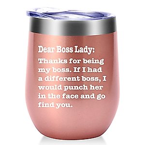 AMZUShome Thanks For Being My Boss Lady Mug.Boss Day Gifts Office Gifts.Moving Appreciation Retirement Birthday Christmas Gifts For Female Women Boss Lady Wine Tumbler(12oz Rose Gold)