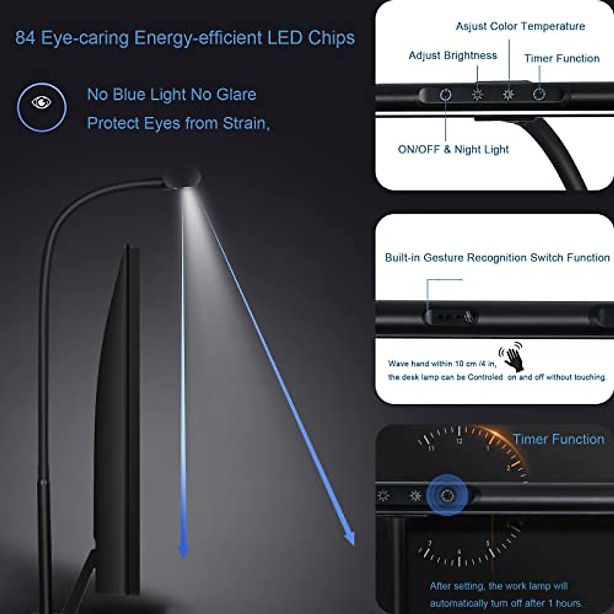 EYOCEAN Desk Lamp, LED Desk Lamp with Clamp Adjustable Brightness & Color Temperature, Architect Desk Lamp Eye-Caring, Gesture Sensing Desk Light with Flexible Gooseneck& Timer for Home Office, 12W