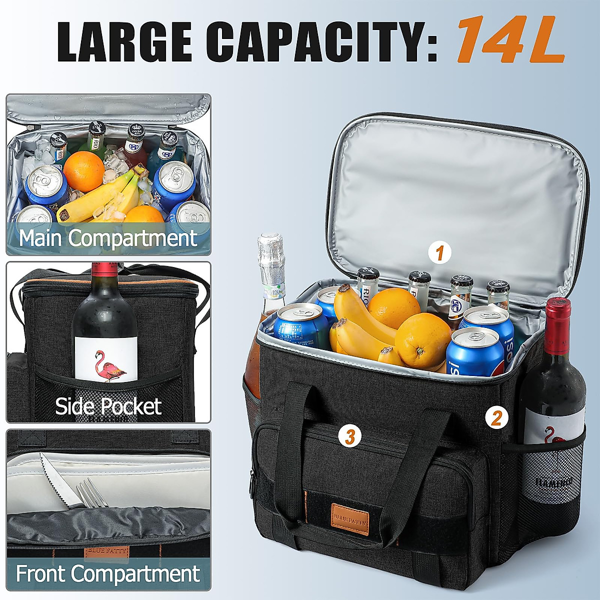 BLUEFATTY Small Cooler Bags 14L Soft Sided Cooler Leakproof Large Insulated Lunch Box Cooler Collapsible Beach Cooler Camping Cooler for Picnics, Road Trips, Kayaking and Grocery Shopping(Black)