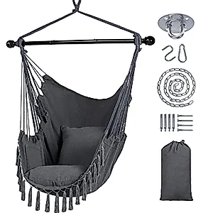 SUNCREAT Hammock Chairs Hammock Chair Swing with Steel Support Bar, Side Pocket, Large Swing Chair for Bedroom, Patio, Garden, Dark Gray