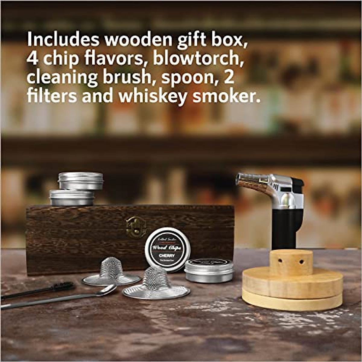 Cocktail Smoker Kit for Whiskey Old Fashion and Bourbon | with Torch 4 Flavors of Wood Chips Food Grade Torch Wooden Case