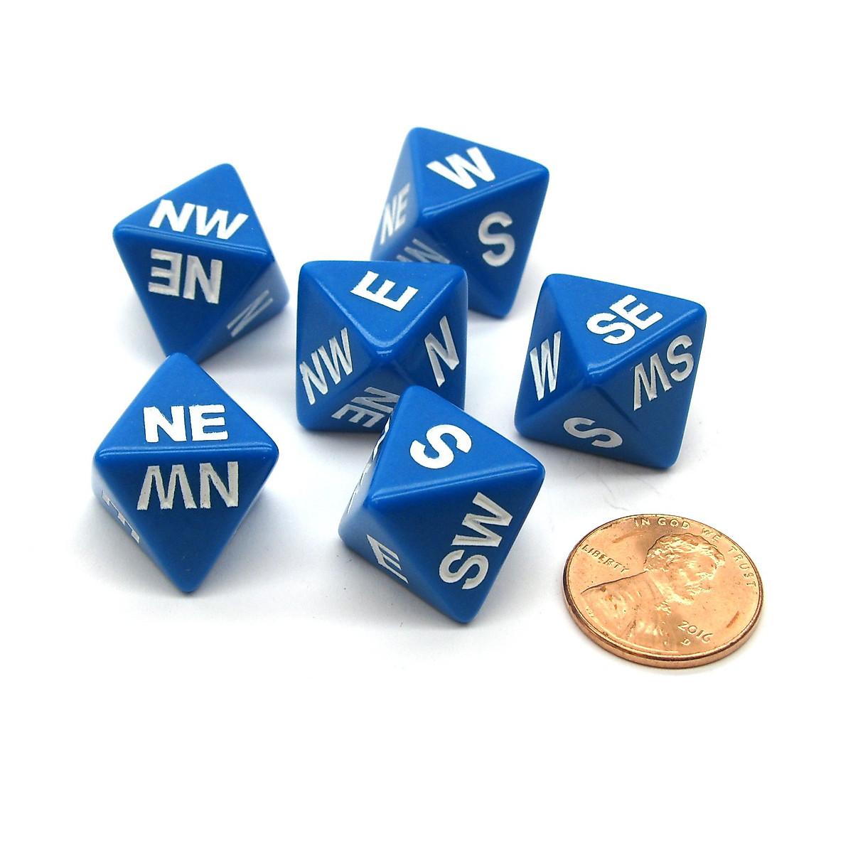Koplow Games Set of 6 Compass Cardinal Direction 8 Sided Dice - Blue with White Letters