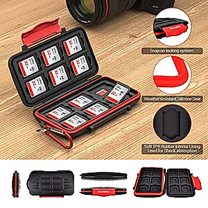 Kiorafoto Professional Water-Resistant Anti-Shock Holder Storage SD SDHC SDXC TF Memory Card Case Protector Cover with Carabiner for 12SD Cards & 12 Micro SD Cards
