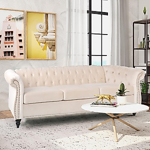 PHOYAL Large Sofa, Velvet Sofa Three-seat Sofa Classic Tufted Chesterfield Settee Sofa Modern 3 Seater Couch Furniture Tufted Back for Living Room (Beige)