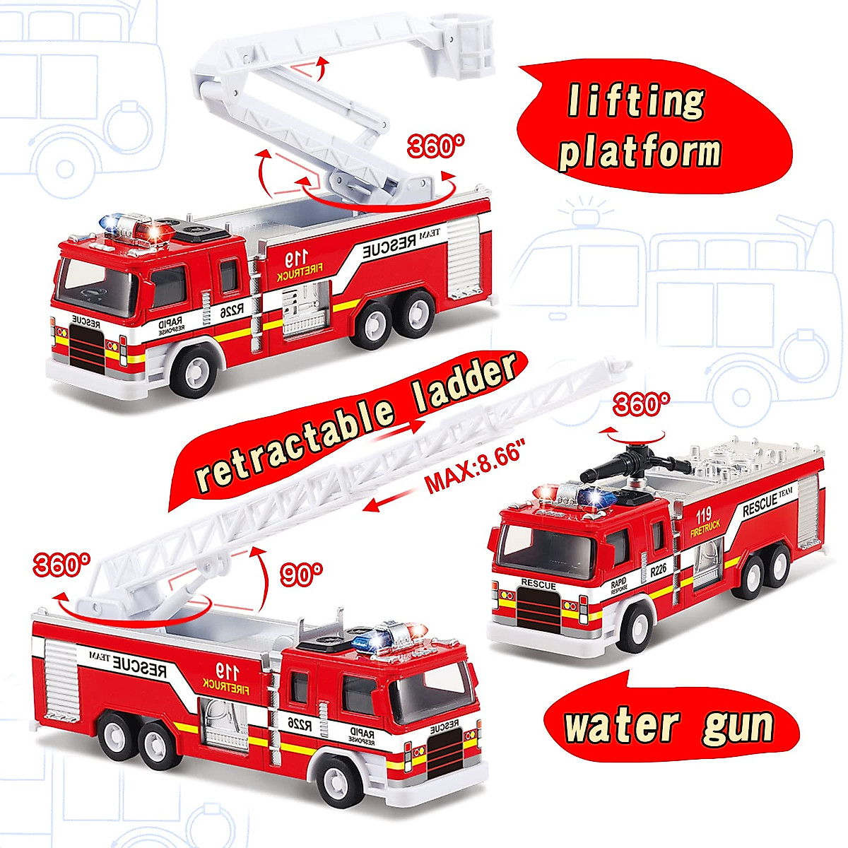 CORPER TOYS Toy Fire Truck, 3 Pack Firetruck Toys Set with Extending Rescue Rotating Ladder Water Gun Lights and Siren Sounds, Pull Back Alloy Car Toys for Toddlers Boys Girls Kids Gift