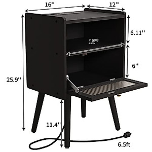 SOOWERY Mid Century Modern Nightstand with Charging Station, Bedside Tables with Glass Decorative Door, End Table Side Table with 2 Tiers Storage Space, for Bedroom, Living Room, Black