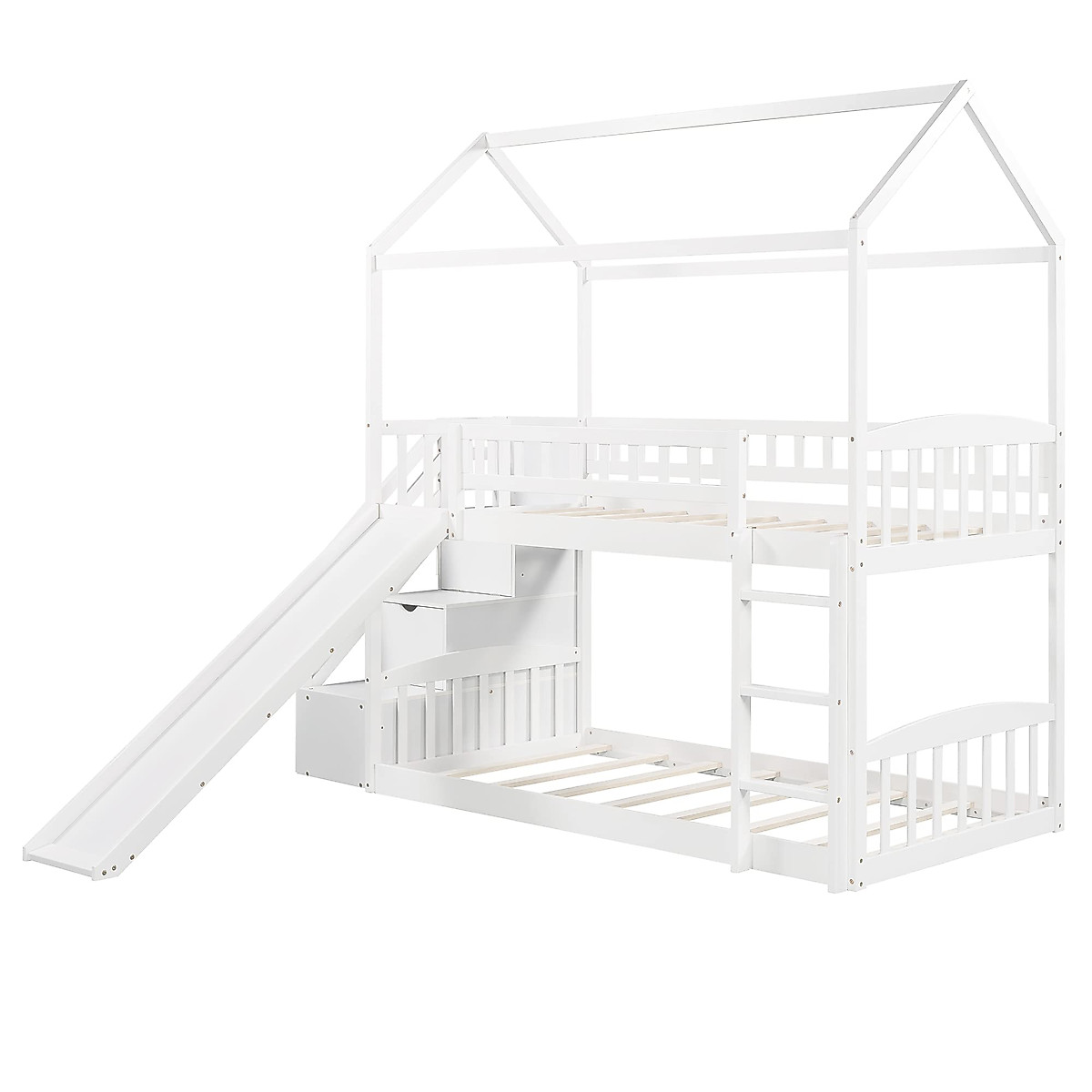 Twin Over Twin Bunk Bed for Kids Toddlers, House Bunk Bed Farm with Storage Steps and Slide Ladder Roof Guardrail for Girls/Boys, No Spring Box Required (White--Wood)