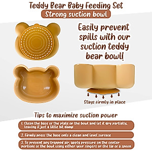 THE BABY BOUTIQUE Baby Led Weaning Supplies - 7 PCS Teddy Bear Silicone Baby Feeding Set : Suction bowl, Baby utensils, Plate, Bib, Snack cup and Drinking cup - Perfect Complement for Nutribullet Baby