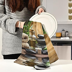 Haskirky Soft Absorbent Reusable Kitchen Towels, Set of 1|28x18 in, Zen Basalt Stones on Wood Dining Kitchen Living Room Tea Towels Dish Towels Decorative Towels