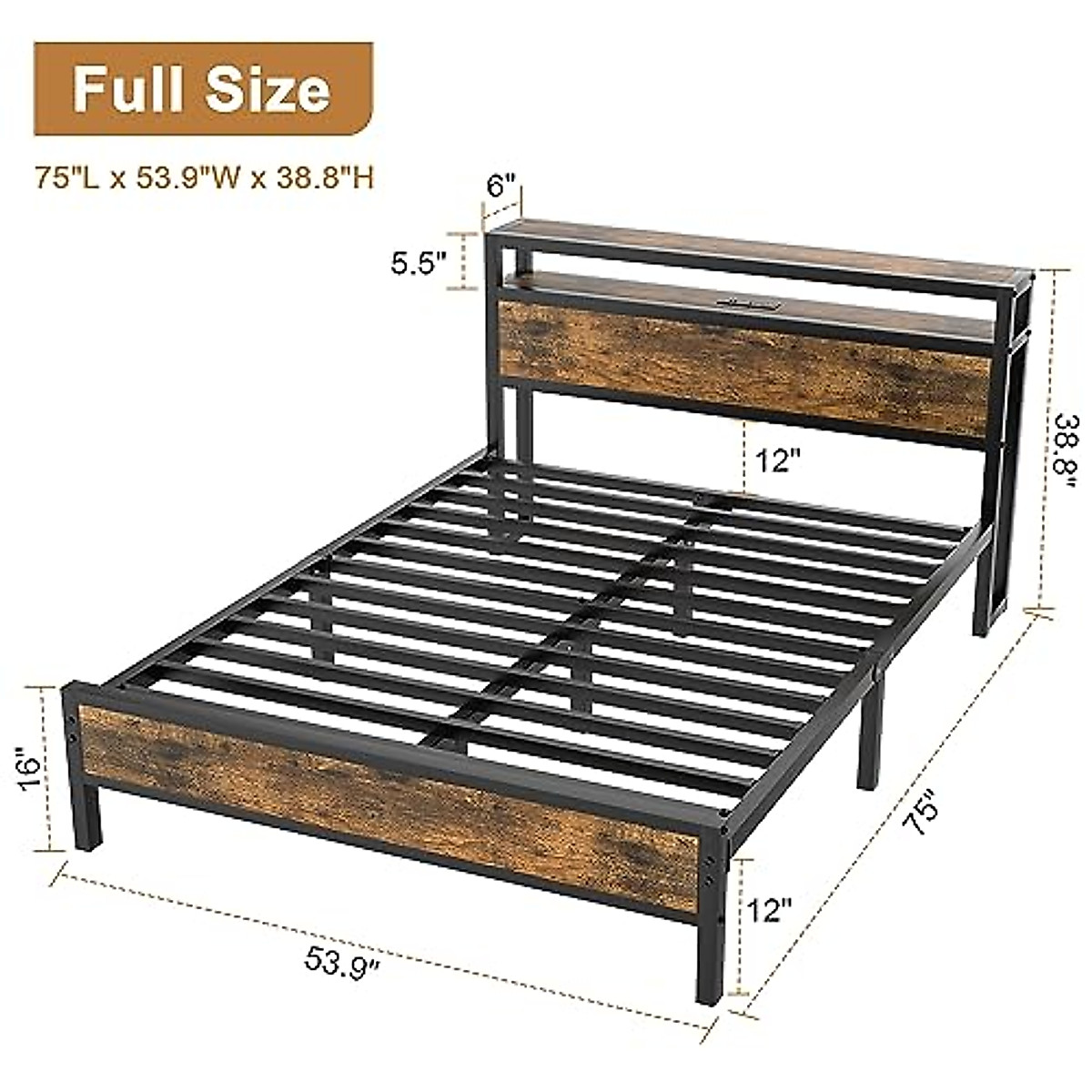 Pliwier Full Bed Frame with Charging Station Headboard, Platform Bed with 2-Tier Storage Shelf, Strong Support Legs, Noise-Free, No Box Spring Needed, Easy Assembly