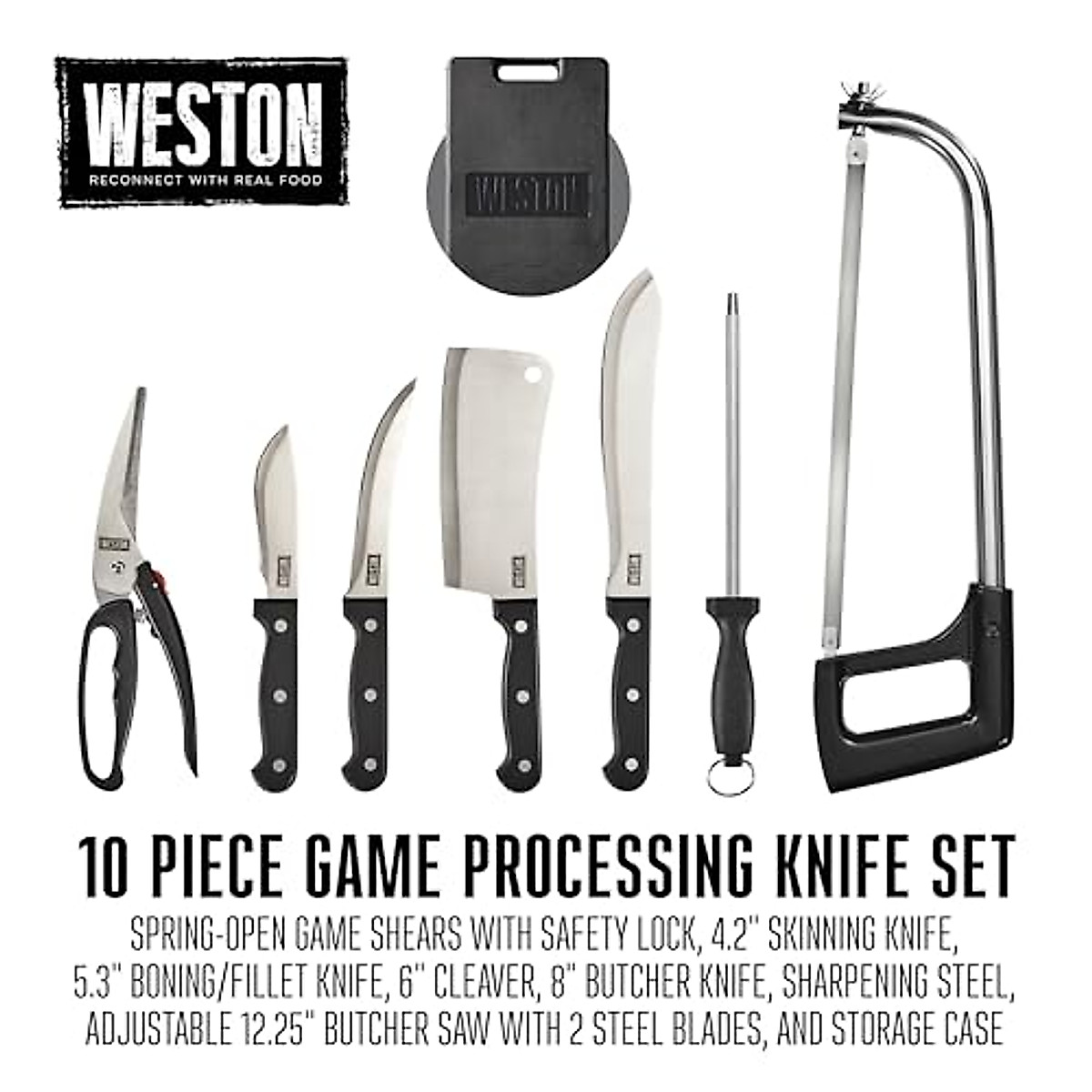 Weston 10-Piece Game Processing Knife Kit, 8" Butcher, 6" Cleaver, 5.3" Fillet, and 4.2" Skinning Knives, Adjustable 12.25" Butcher Saw, Sharpener, Shears & Storage Case, Stainless Steel (83-7001-W)