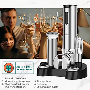 Electric Wine Opener Set with Stand, Wine Gift Set with Rechargeable Wine Opener, Wine Aerator, Foil Cutter, Vacuum Pump and 2 Stoppers, 7-in-1 Wine Bottle Opener Set for Home Party Bar Outdoor Gift