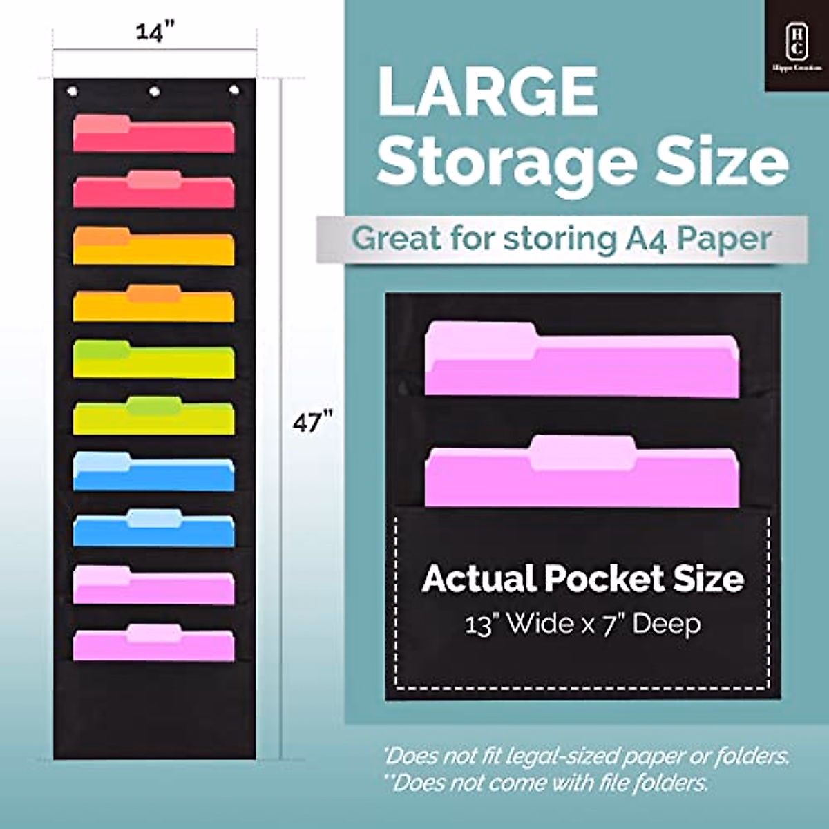Heavy Duty Storage Pocket Chart for classroom and Office, 10 Pockets, 3 Over Door Hangers Included, Hanging Wall File Organizer for File Folders, School Mailbox, Home/Office Papers & More (Black)