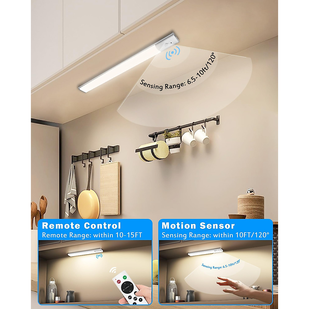 LAJOSO 64 LED Under Cabinet Lights Motion Sensor, 3 Color Kitchen Counter Lighting Wireless, Rechargeable Closet Lights Remote, Dimmable Night Light for Shelf Pantry Stair Hallway 3Pack