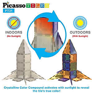 PicassoTiles UV Activated Color Changing Rocket Set Magnet Construction Toy Kit Engineering STEM Learning Playset Child Brain Development Stacking Blocks Playboard for All Ages 3 and Up PT31