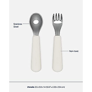 Lalo Big Bites Kids Dinnerware Starter Set - Dishwasher Safe, BPA Free, Kids Tableware Set - Includes Stackable Bowl, Plate, Utensils & Cup - 5 Pieces - Oatmeal