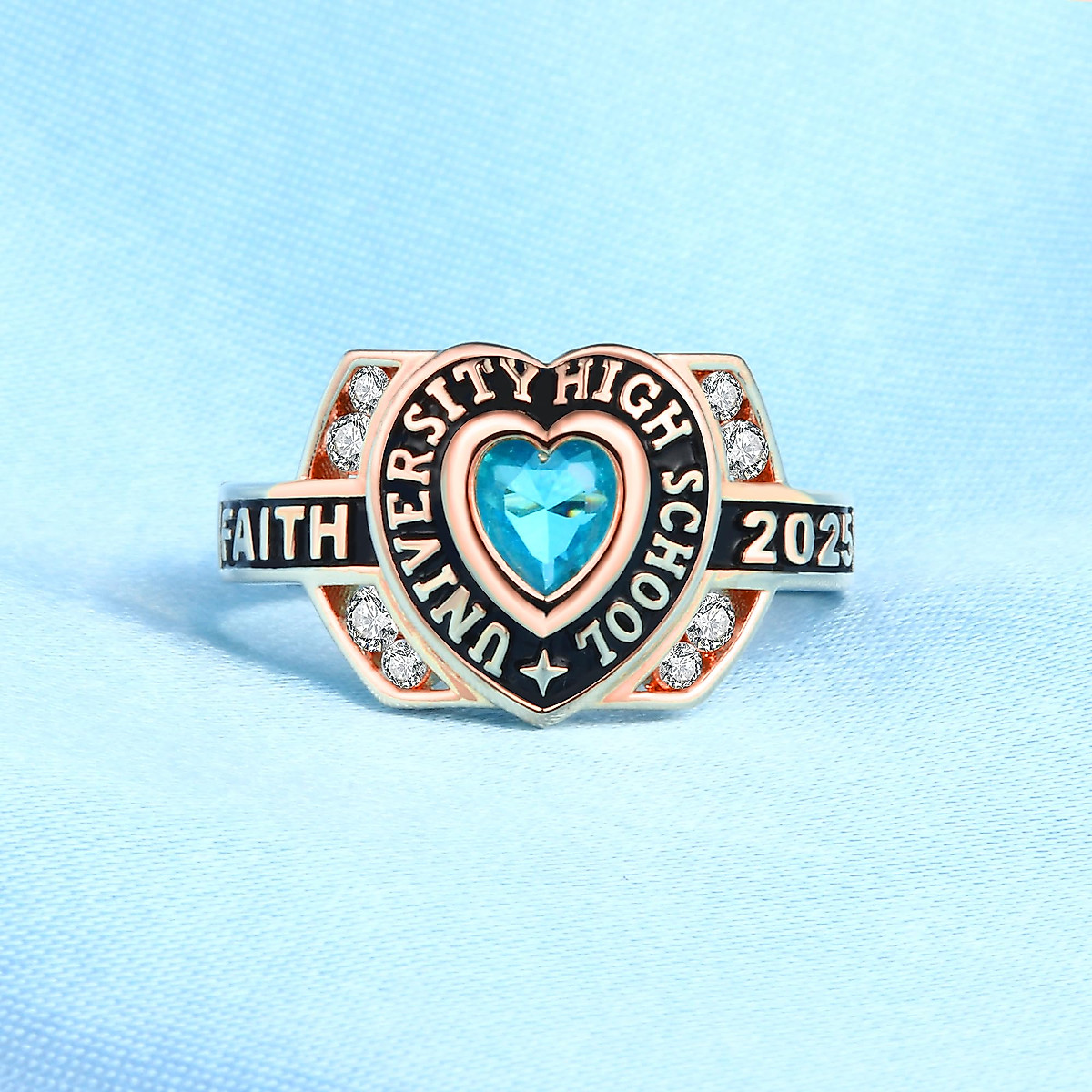 Ccjcinata Custom Class Rings for Women High School Heart Shape Rings 925 Sterling Silver Rings Women's Class Rings Size 5-15 Graduation Rings for Women Cubic Zirconia Birthstone Rings