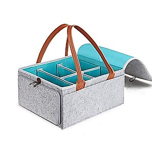 Large Diaper Caddy Organizer Baby Nursery Storage Basket with Zipper Lid and Leather Handle Baby Wipes Stacker Bin Holder - 38 x 25 x 18 cm
