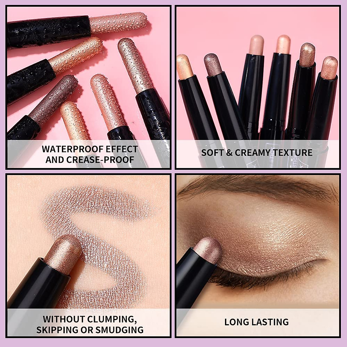 KIMUSE 6 PCS Brown and Neutral Metallic Eyeshadow Stick,Creme to Powder Cream Shimmer Eyeshadow Pencil Crayon,Long Lasting & Waterproof Eyeshadow Stick Eye Sets