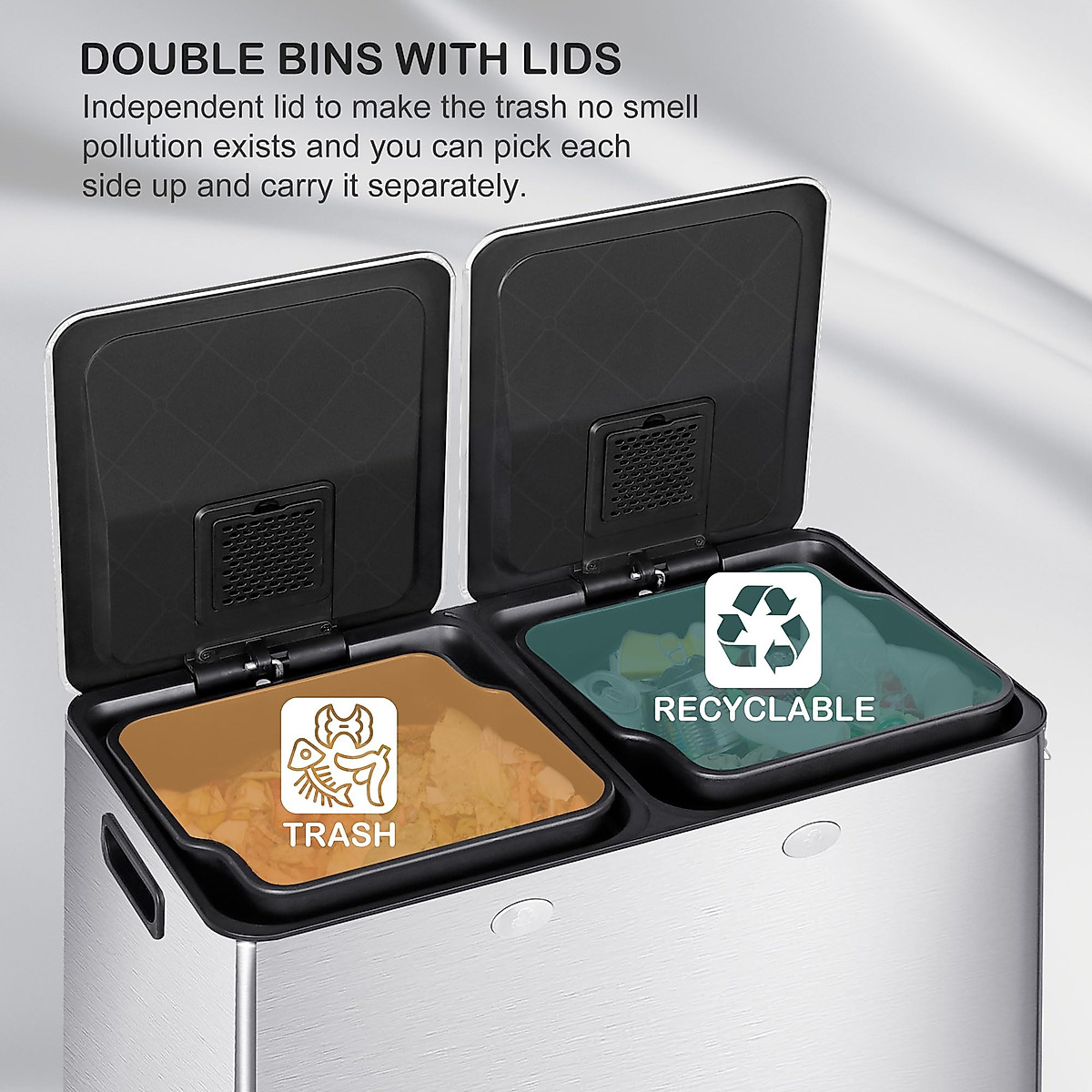 SUPER DEAL Kitchen Trash Can 16 Gallon 60L Dual Stainless Steel Garbage and Recycling Can with Foot Pedal for Kitchen, Living Room, Office, Removable Inner Buckets Soft Close Lid Odor Proof, Silver