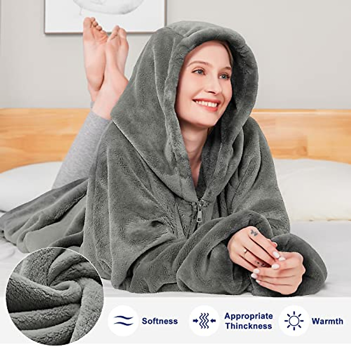 BOBOR Sweatshirt Blanket, Oversized Wearable Hoodie Fleece Blanket with Large Front Pocket for Adults, Men, Women, and Kids, Super Soft Fuzzy Warm Comfortable Flannel Blanket（Light Gray）