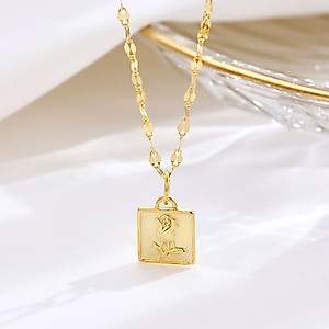 925 Sterling Silver Dainty Dog Tag Pendant Necklace Rose Flower Embossed Flora Jewelry for Women (Gold)